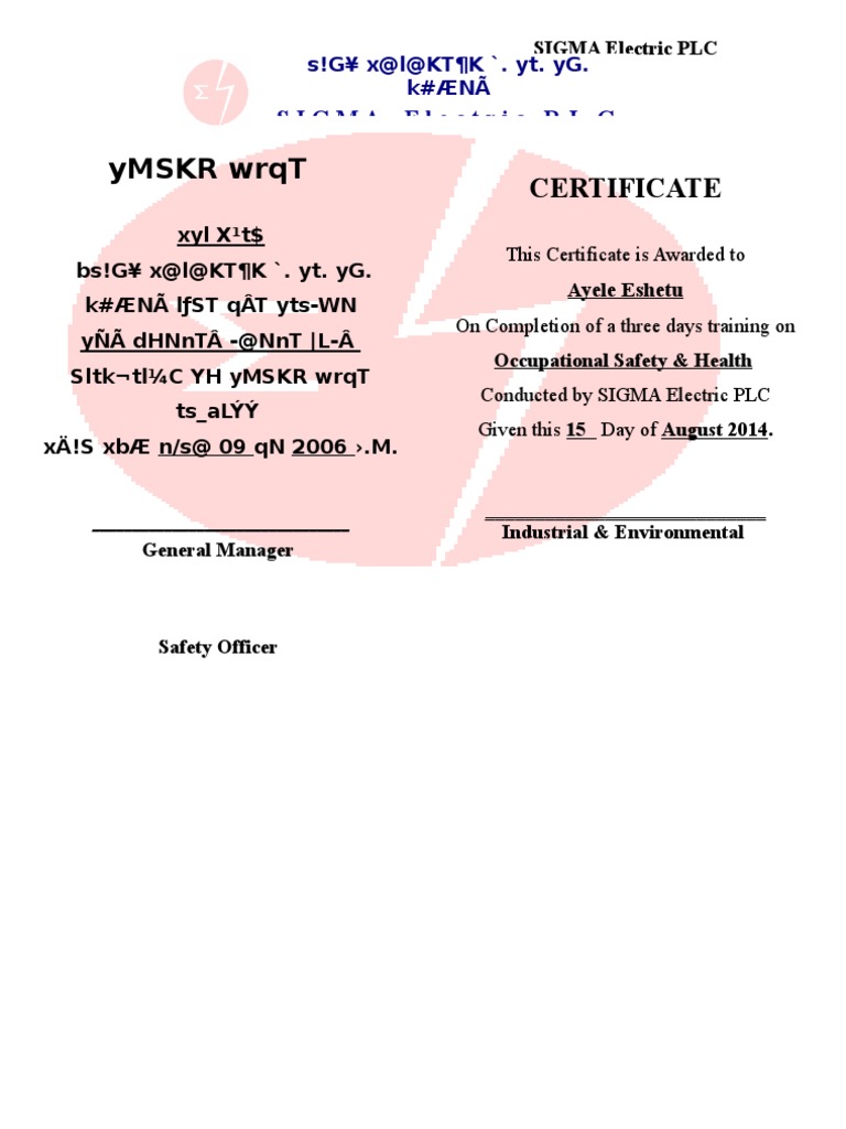 Safety Certificate Ayele Esheyu | PDF | Labor Relations | Occupational ...