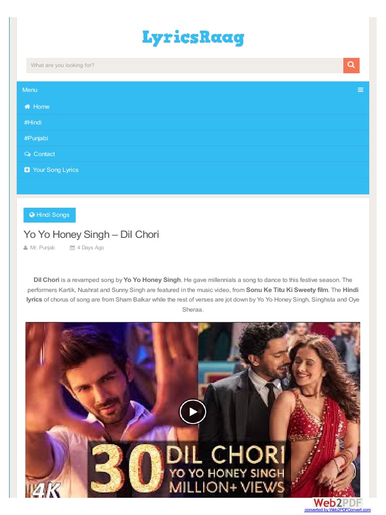 Dil Chori Lyrics by Yo Yo Honey Singh - SKTKS (2018) | PDF | Leisure ...
