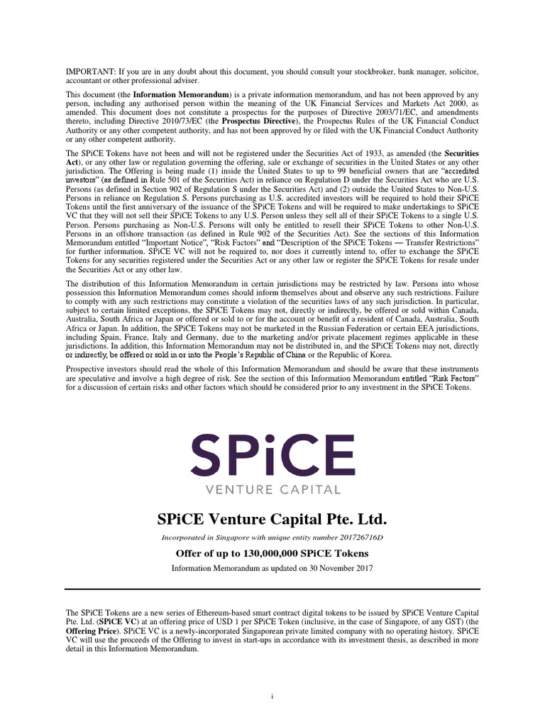 SPiCE VC Offering Memorandum | PDF | Securities Act Of 1933 ...