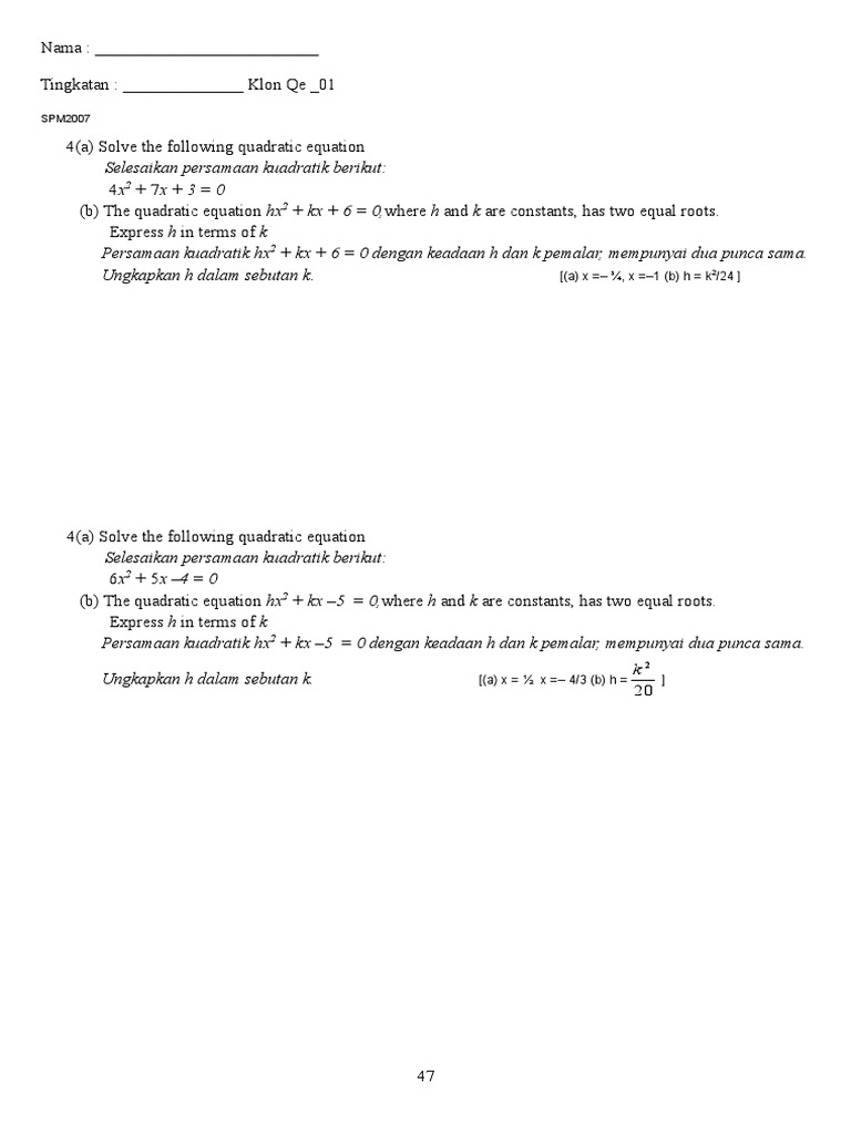 2 Klon SPM Quad Eqn 2003 - 2014 - Ed | PDF | Quadratic Equation ...