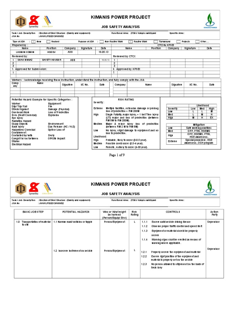 JSA Erection of Steel Structure | PDF | Personal Protective Equipment ...