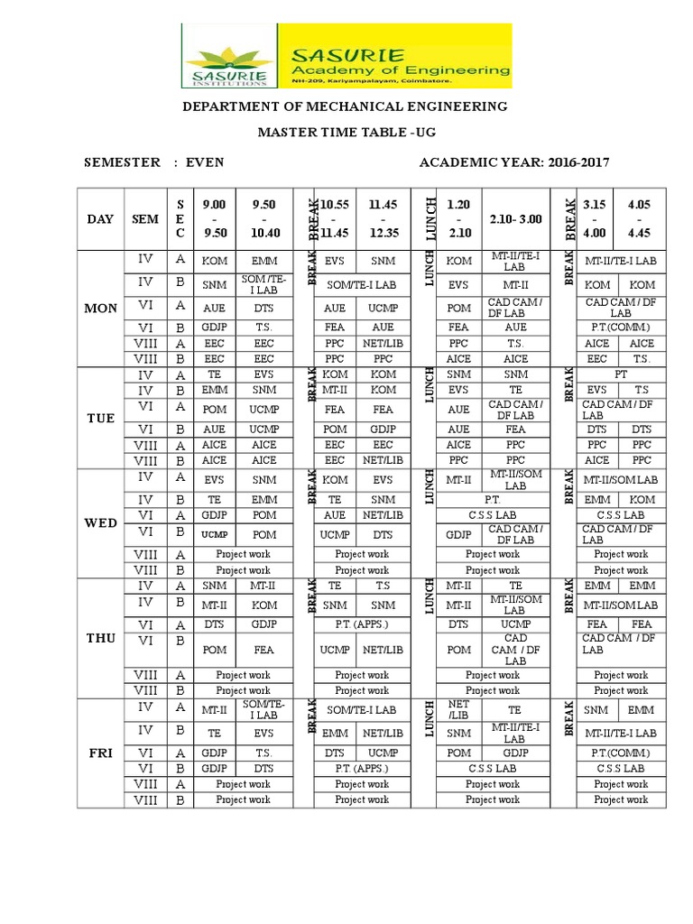 Department of Mechanical Engineering Master Time Table - Ug Semester ...