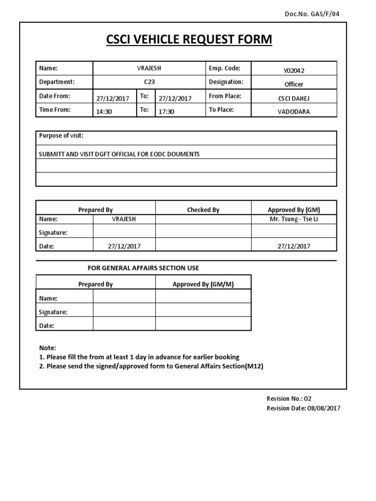 Csci Vehicle Request Form | PDF