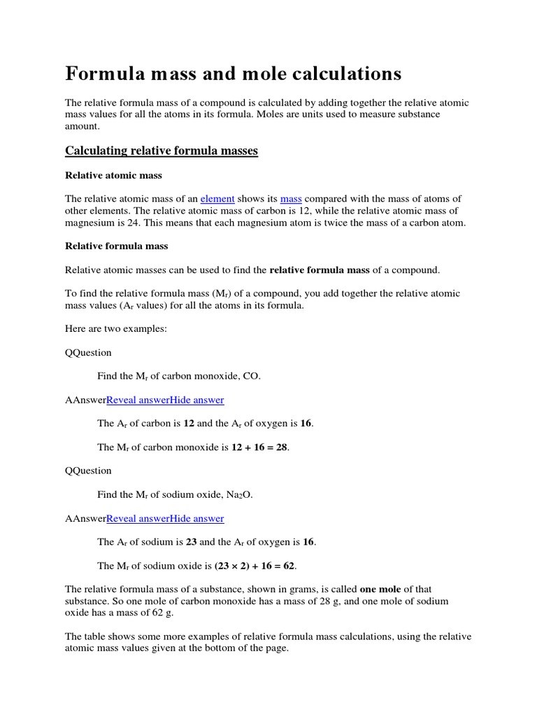 Formula Mass and Mole Calculations Guide | PDF | Mole (Unit) | Atoms