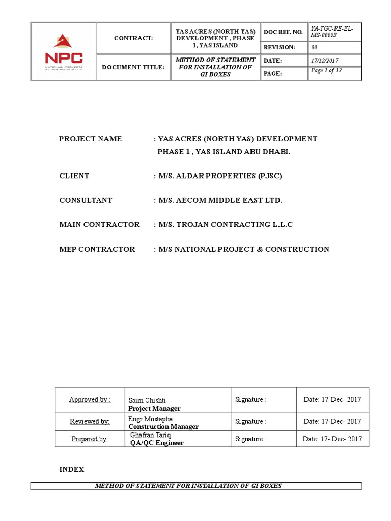 Method of Statement For Installation of Gi Boxes Yas Acres | PDF ...