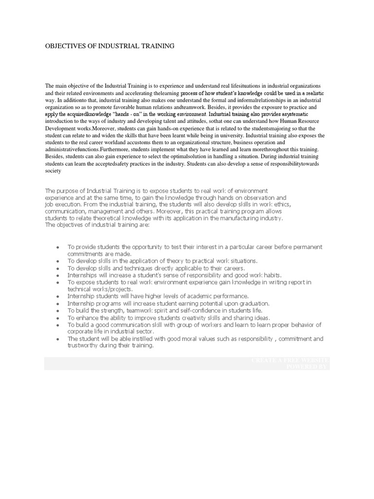 Objectives of Industrial Training | PDF | Experience | Creativity