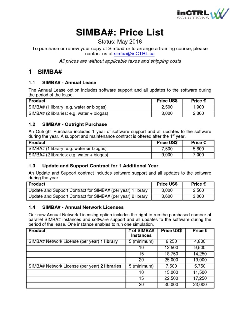Price List SIMBA InCTRL May 2016 | PDF | License | Lease