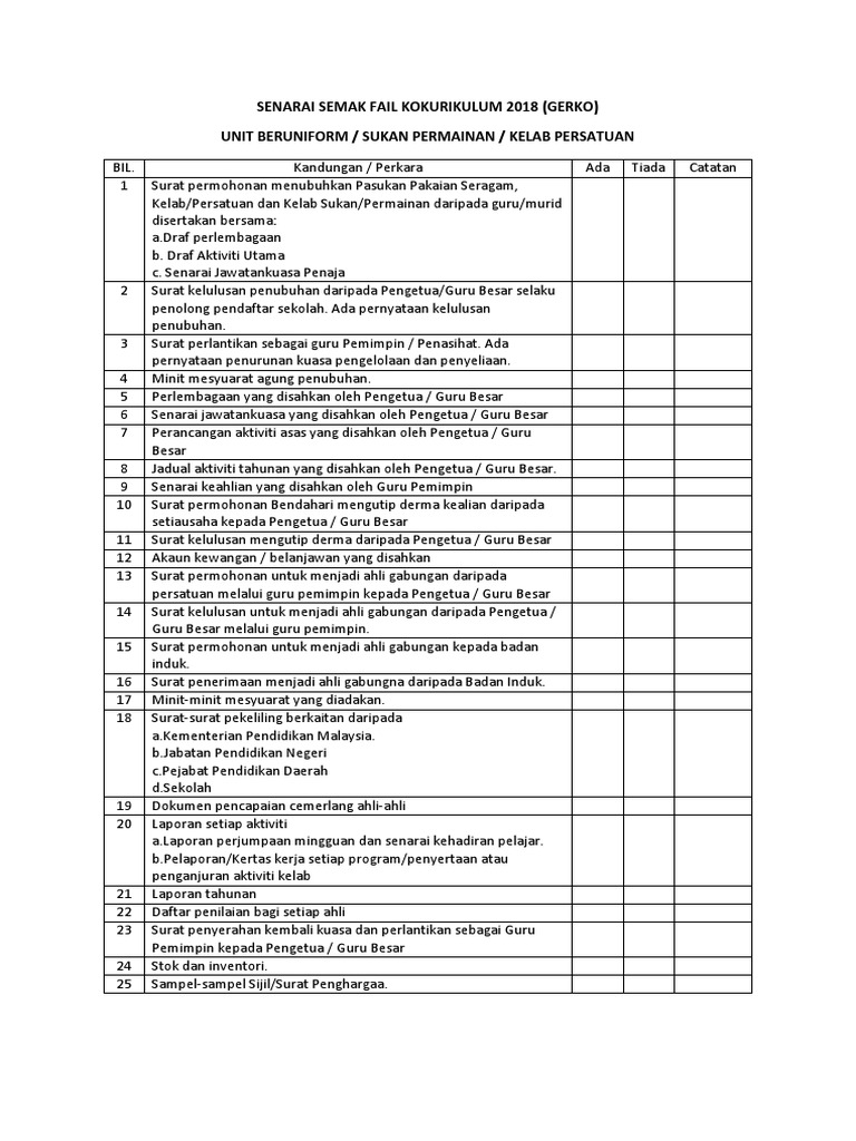 Senarai Semak Fail Kokurikulum 2018 | PDF