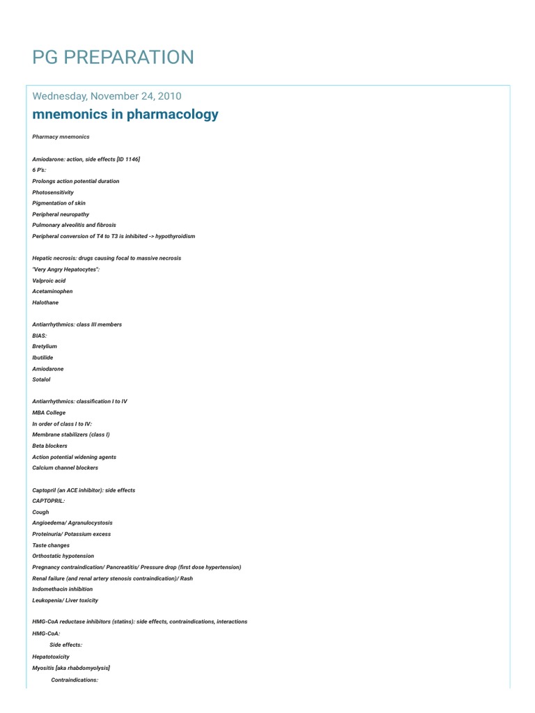 PG PREPARATION - Mnemonics in Pharmacology | PDF | Medical Treatments ...