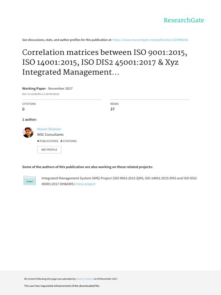 Correlation Matrices Between ISO 9001:2015, ISO 14001:2015, ISO DIS2 ...
