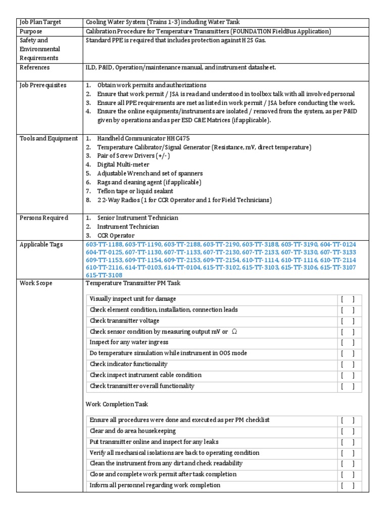 Job Plan TT Calibration FF | Calibration | Equipment