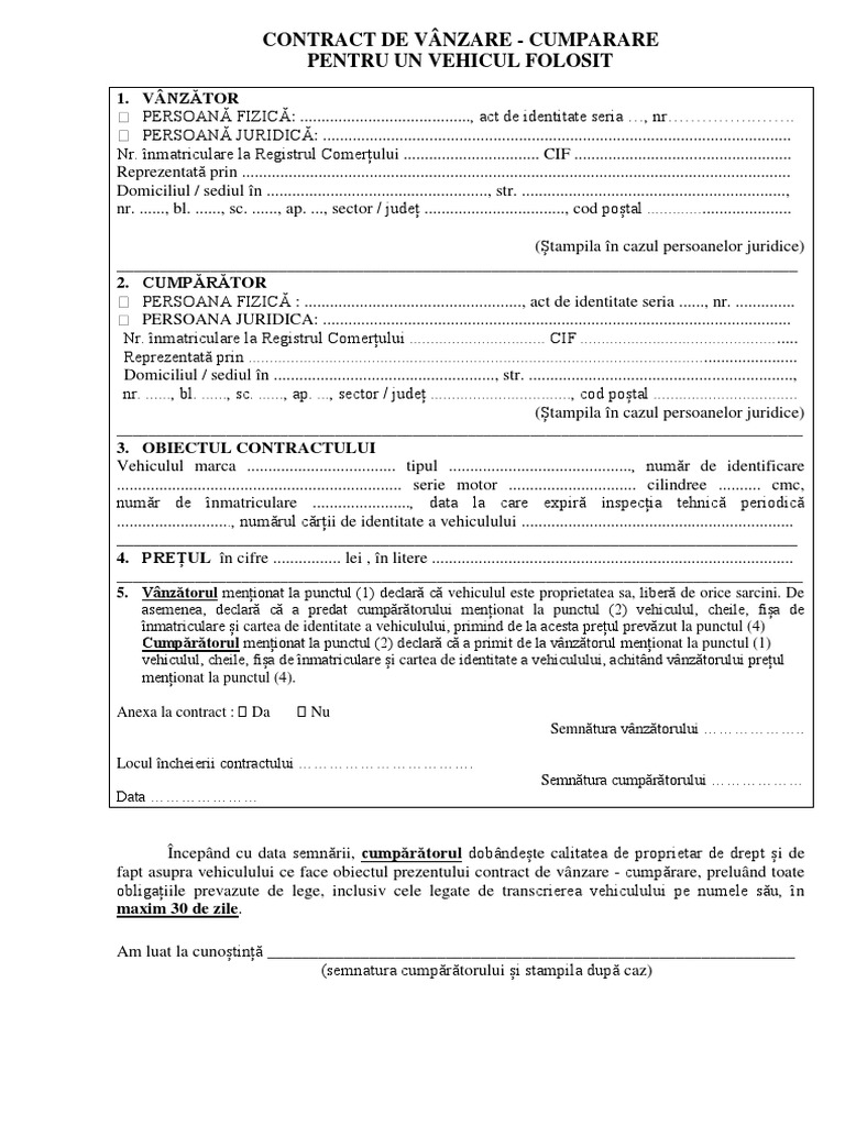 Contract Vanzare Cumparare Auto PDF | PDF