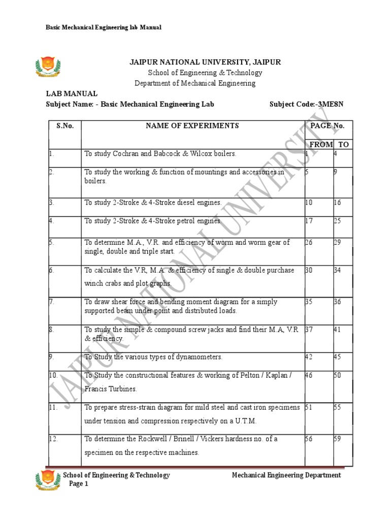 An Analysis of Experiments and Components Covered in the Basic Mechanical Engineering Laboratory ...