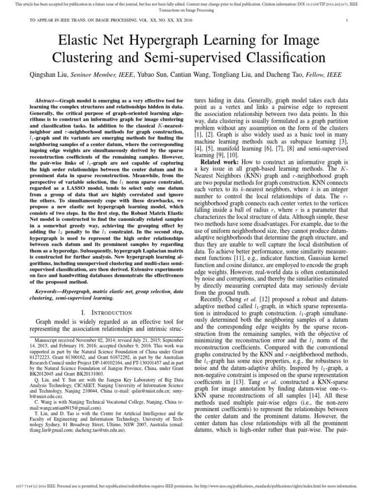 Elastic Net Hypergraph Learning For Image Clustering and Seni Supervised Learning Liu2016 | PDF ...