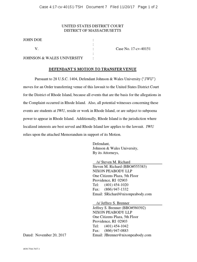 JWU Motion to Transfer Venue | PDF | United States Law | Virtue