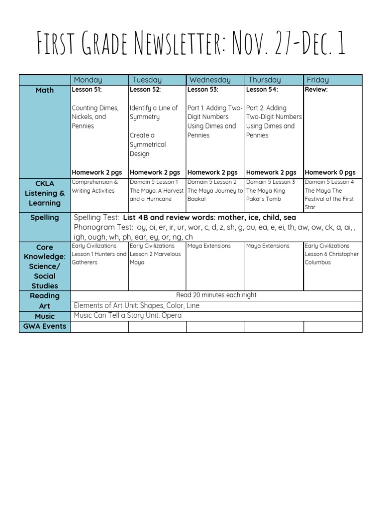 First Grade Weekly Newsletter: Nov 27-Dec 1 | PDF