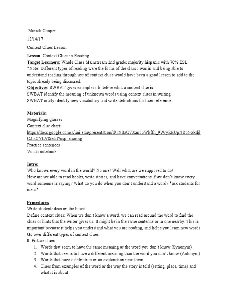 Context Clues Lesson Plan | PDF | Behavior Modification | Learning