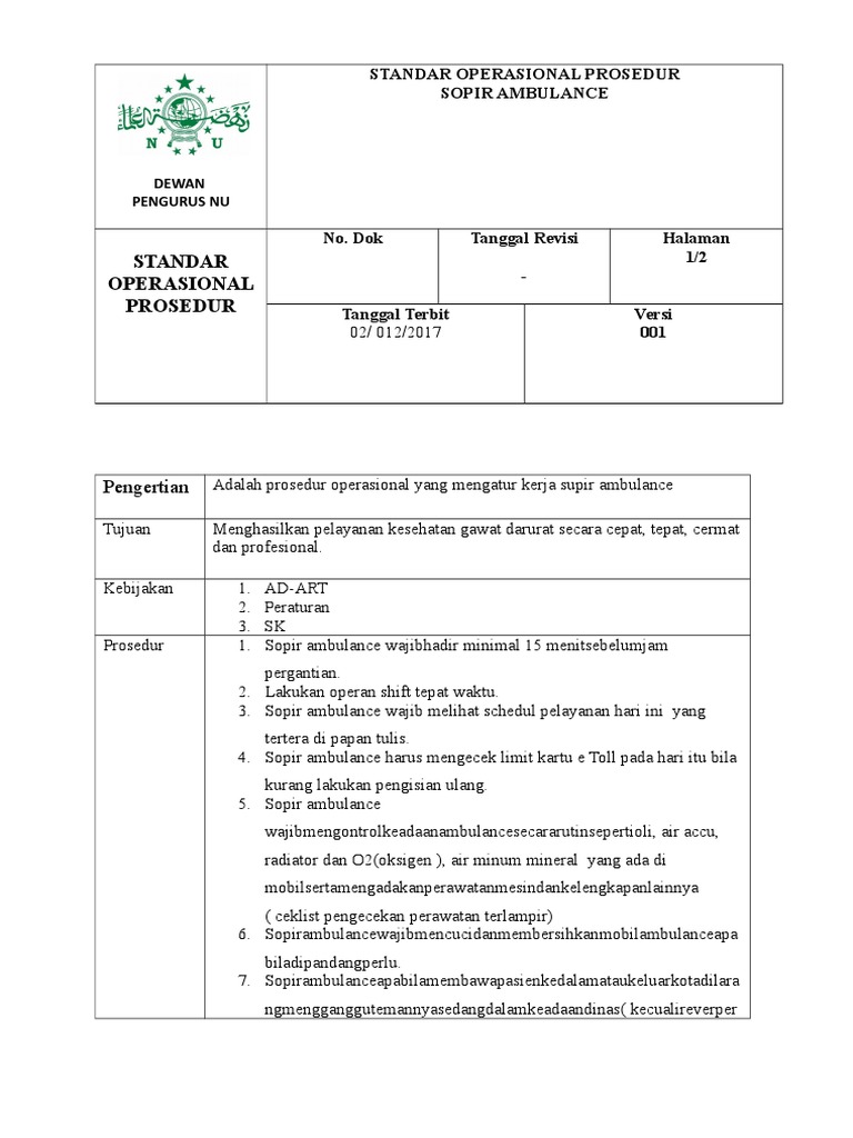 SOP Driver Ambulance | PDF | Teknologi & Rekayasa