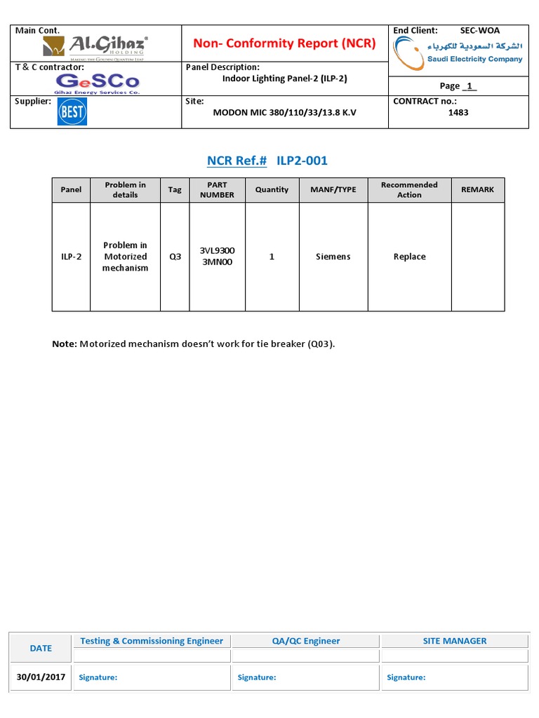 NCR Ref.# ILP2-001: Non-Conformity Report (NCR) | PDF