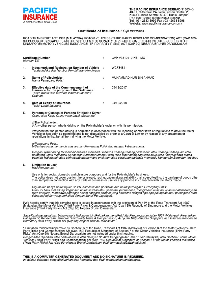 Certificate of Insurance / Sijil Insurans | PDF | Justice | Crime ...