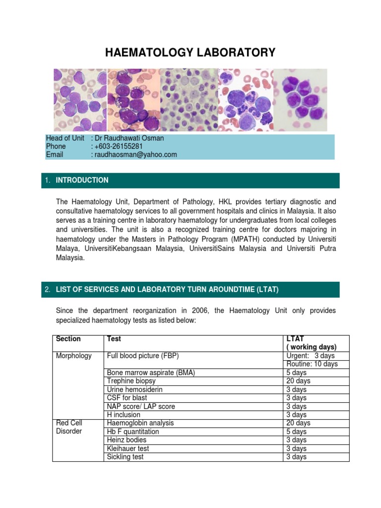Haematology Laboratory: Section Test Ltat (Working Days) | PDF | Blood ...