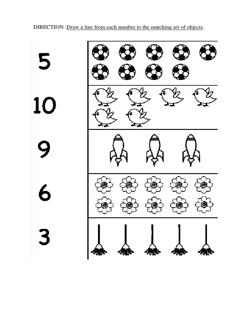 DIRECTION:Draw A Line From Each Number To The Matching Set of Objects | PDF