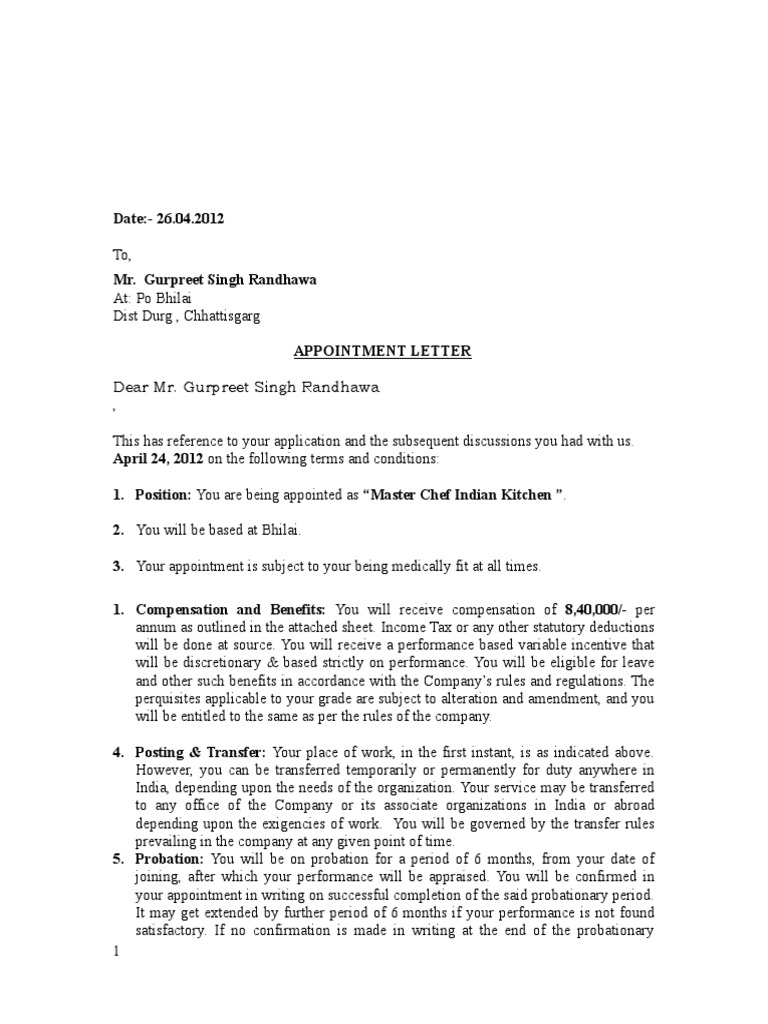 Appointment Letter FORMAT | PDF | Employee Benefits | Government Finances