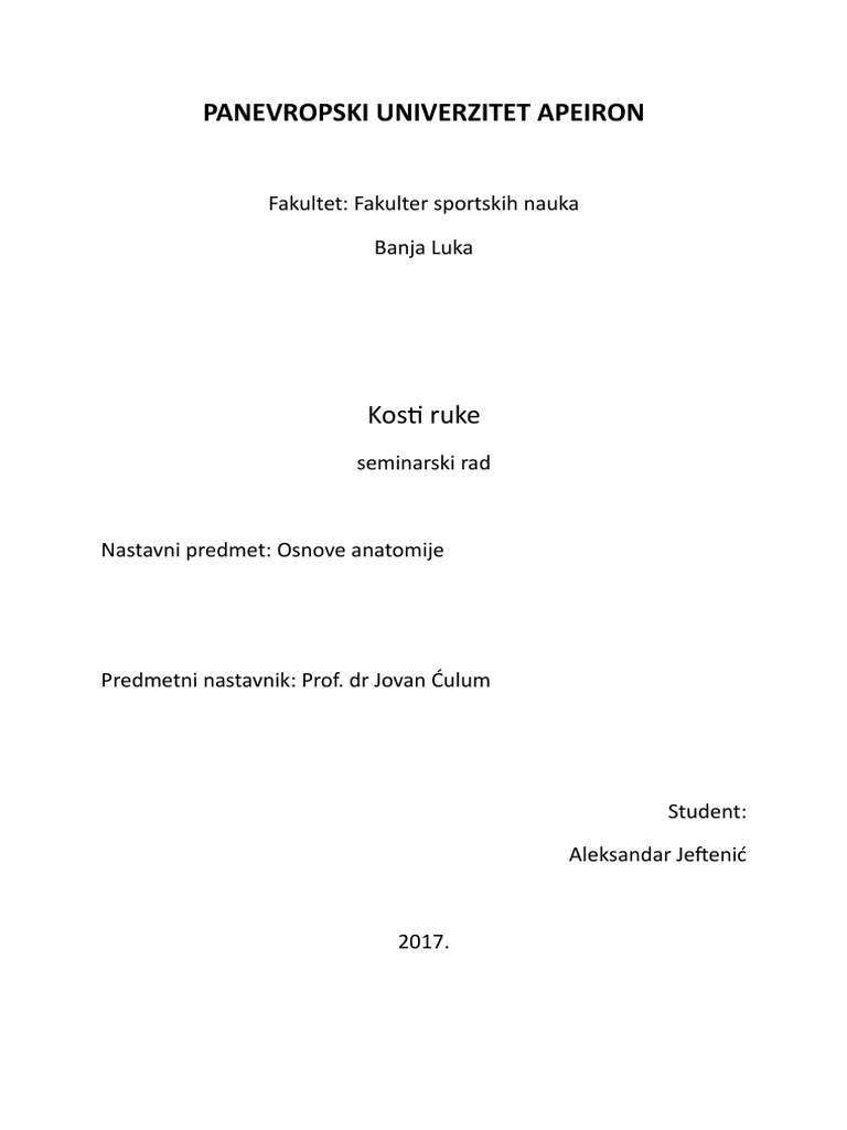 Panevropski Univerzitet Apeiron Anatomija Kosti Ruke | PDF