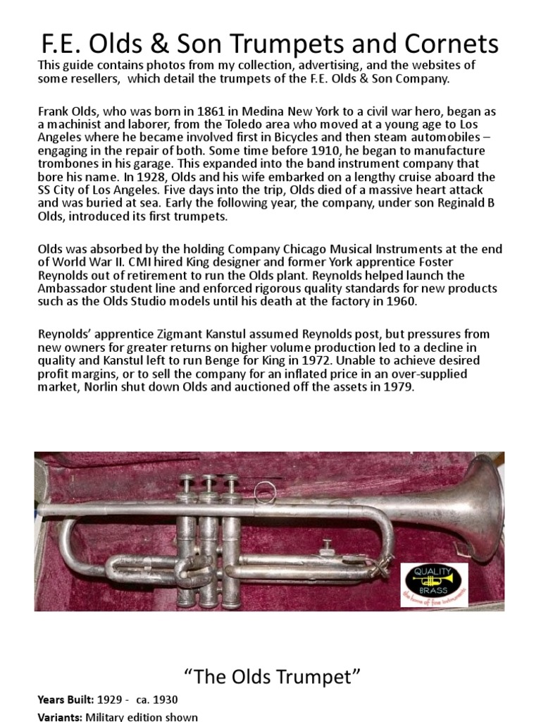 F.E. Olds Trumpets & Cornets Overview | PDF | Aerophones | Brass ...
