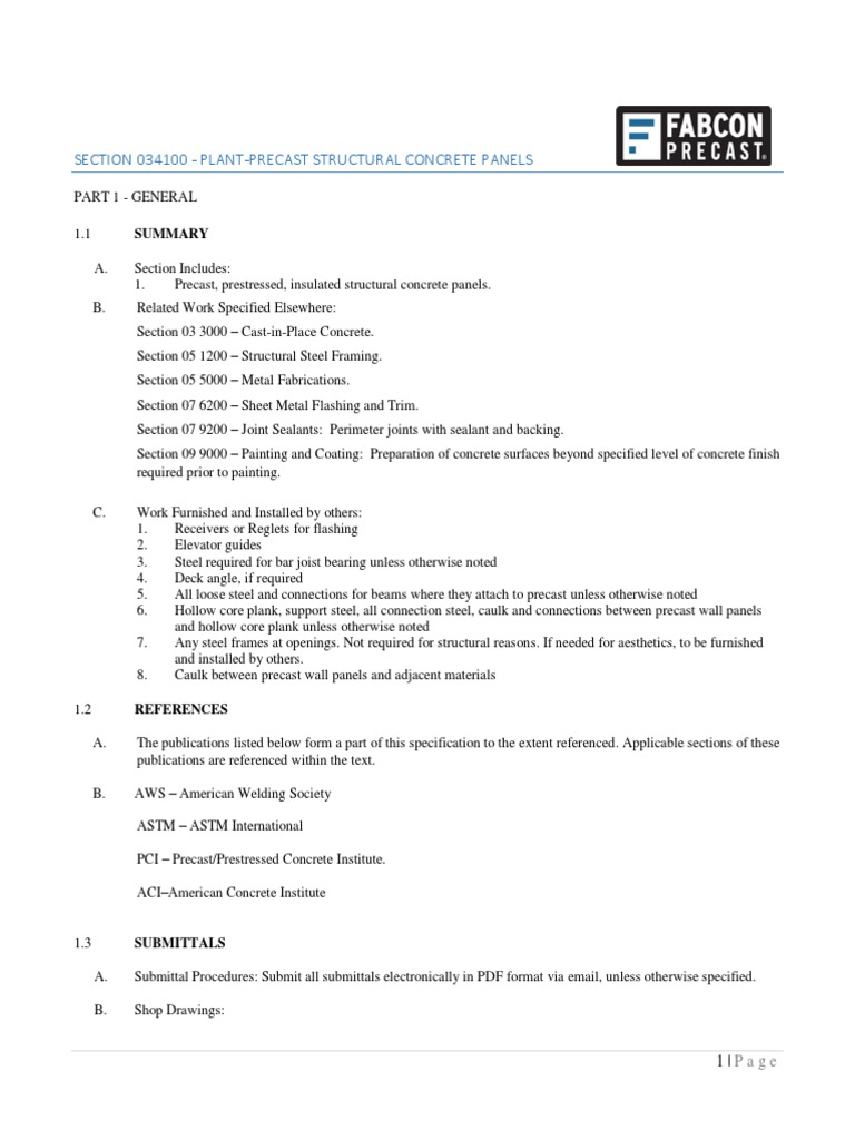 Fabcon Guide Specification Plant Precast Structural Concrete Panels ...