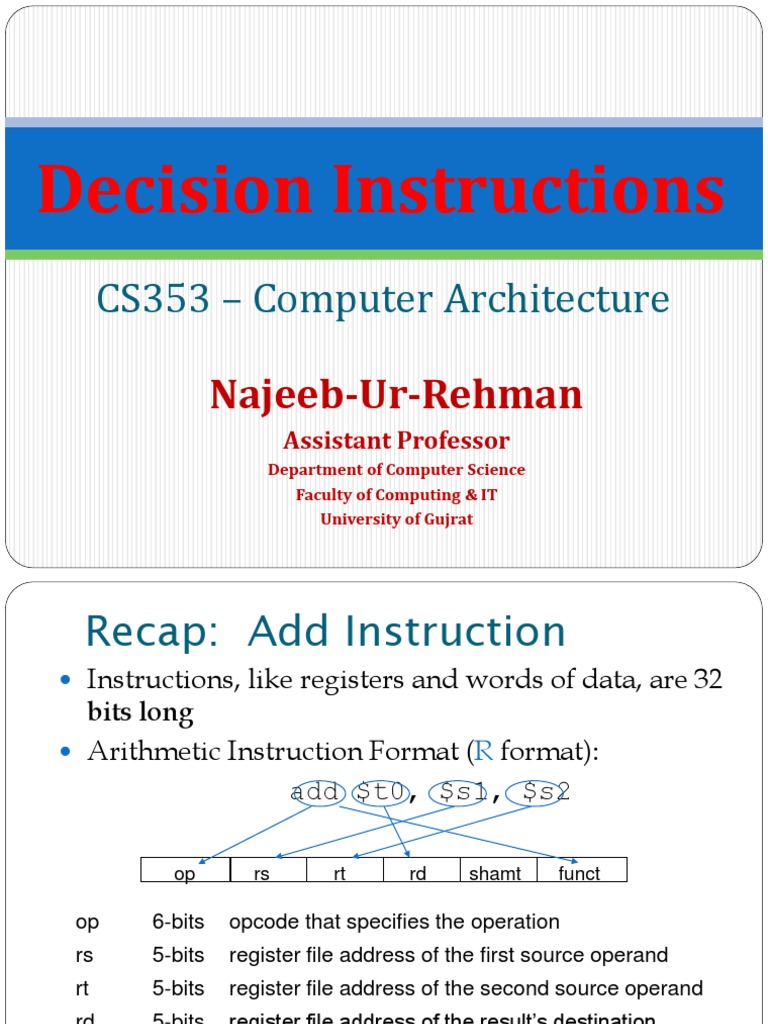 Decision Instructions: CS353 - Computer Architecture | PDF | Arm Architecture | Subroutine