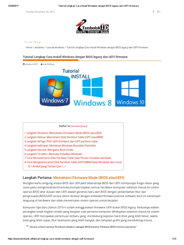 Tutorial Lengkap Cara Install Windows Dengan BIOS Legacy Dan UEFI Firmware | PDF
