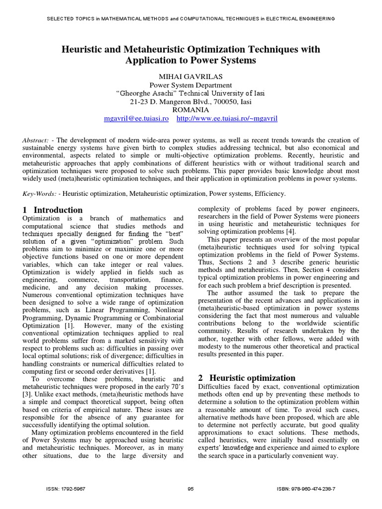 Heuristicand Metaheuristic Optimization Techniqueswith Applicationto Power Systems Pdf