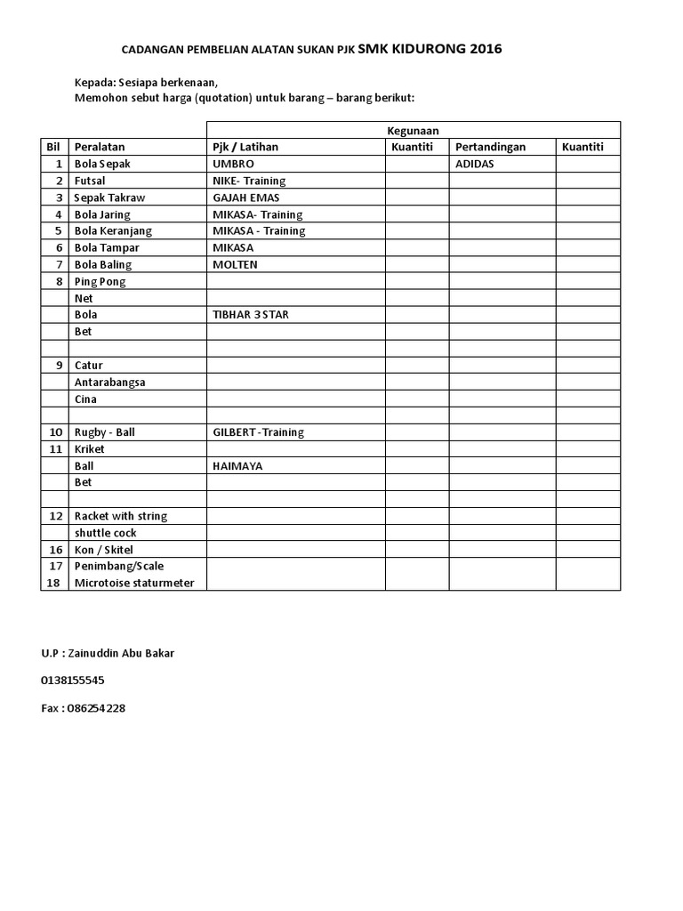 Cadangan Pembelian Alatan Sukan PJK | PDF