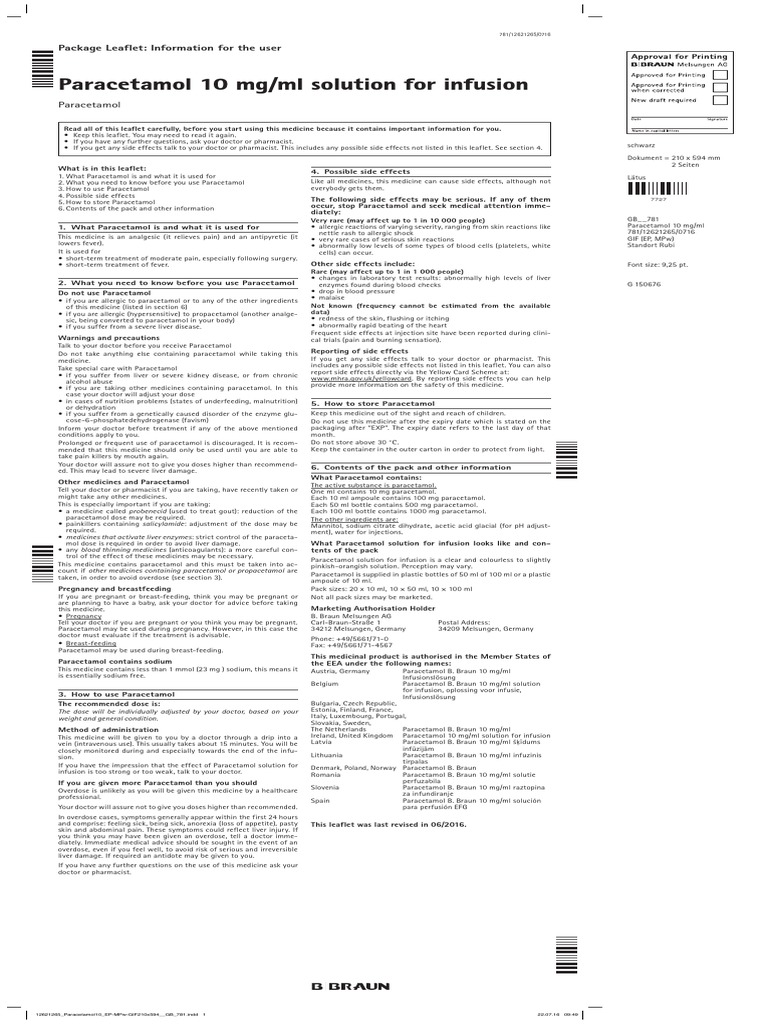 Paracetamol 10 MG/ML Solution For Infusion: B - Braun | PDF | Dose (Biochemistry) | Chemistry