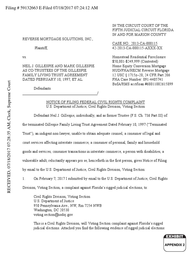 Appendix 2 Notice of Filing Federal Civil Rights Complaint | PDF ...