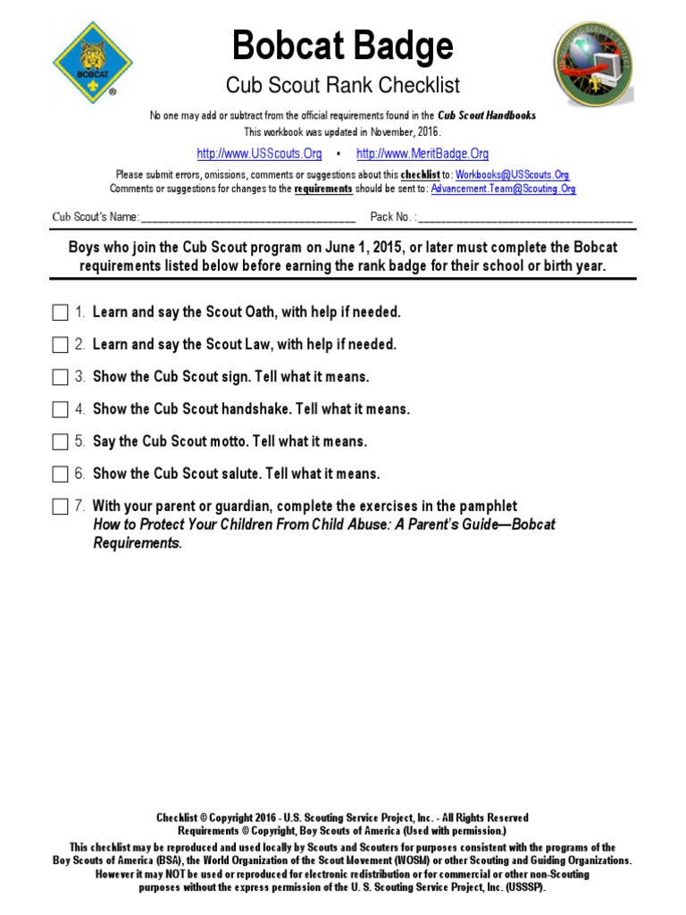 Bobcat Badge: Cub Scout Rank Checklist | PDF | Boy Scouts Of America ...