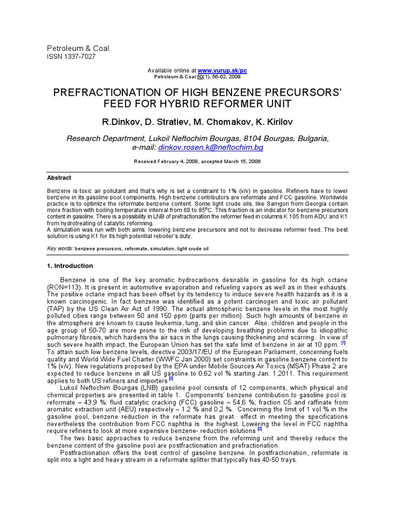 Prefractionation of High Benzene Precursors' Feed For Hybrid Reformer ...