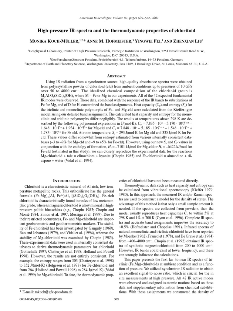 IR Spectra and Thermodynamics of Chloritoid | PDF | Infrared ...