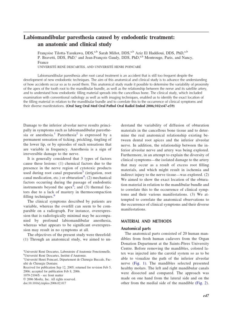 Labiomandibular Paresthesia Caused by Endodontic Treatment - An ...
