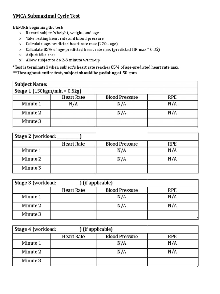 YMCA Submaximal Cycle Test Worksheet Copy 2 | PDF