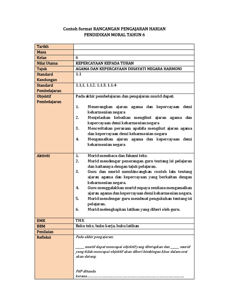 Contoh Format Rancangan Pengajaran Harian | PDF