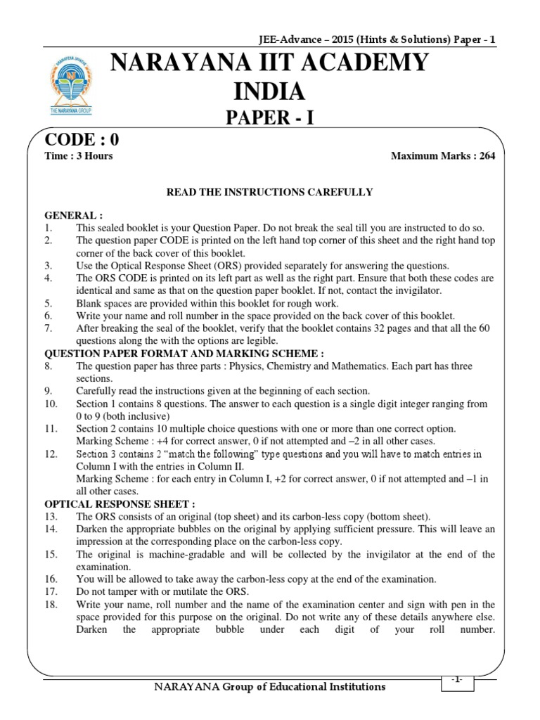 Narayana Iit Academy India: Paper - I | PDF | Lens (Optics) | Chromium