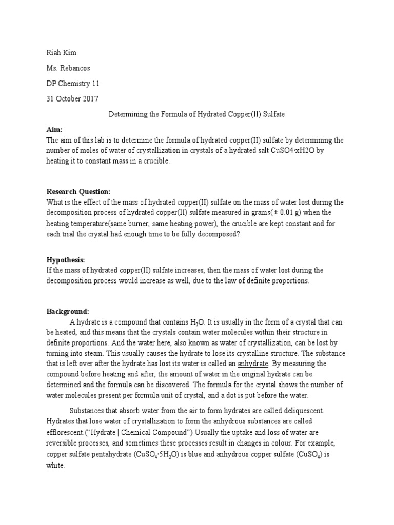 Riah Kim - Determine The Formula of Hydrated Copper II Sulfate 1 | PDF ...