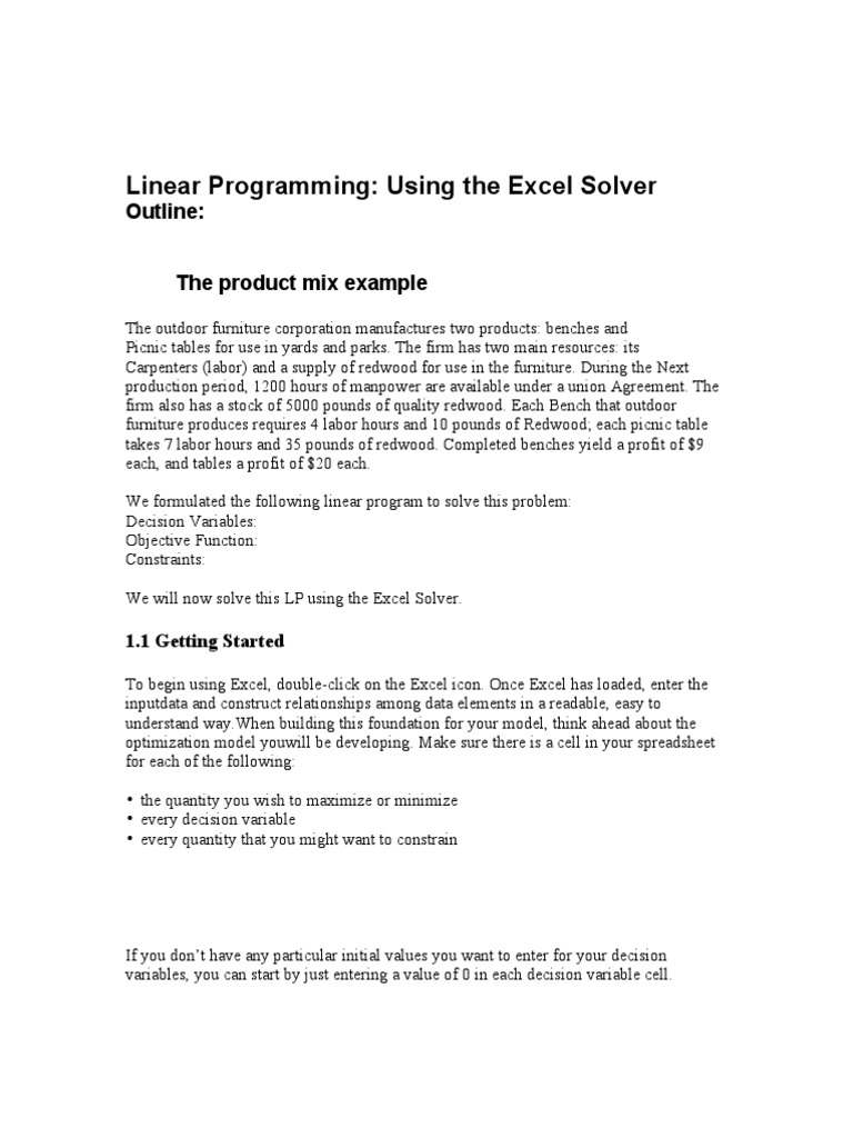 Lin Prog With Excel Pdf Mathematical Optimization Linear Programming 