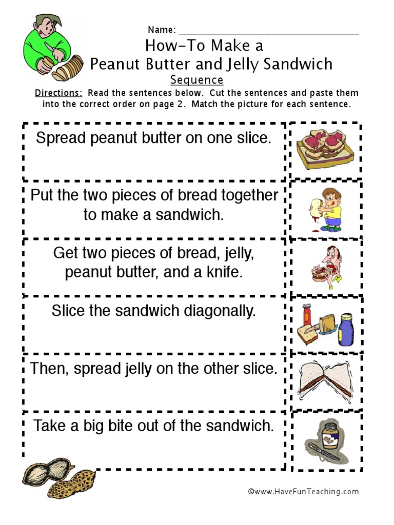 How To Peanut Butter Jelly Sandwich Sequence Worksheet | PDF