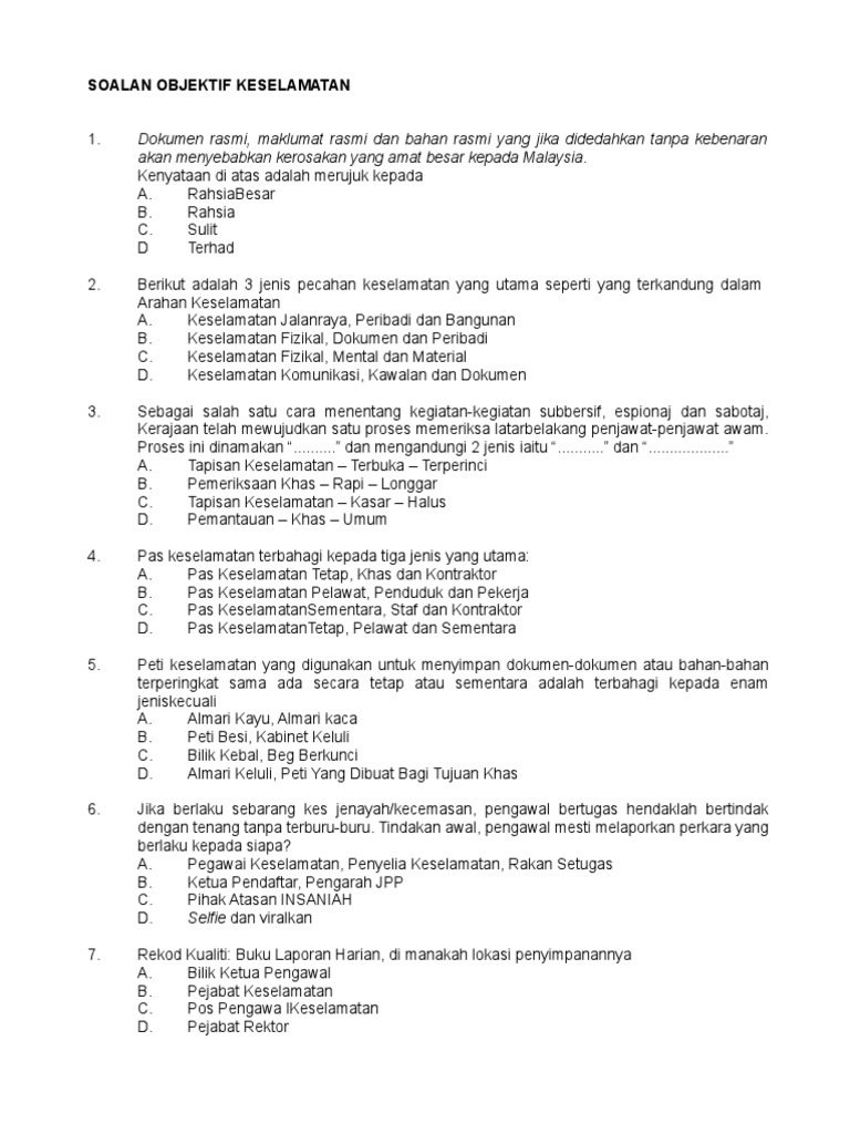 11) Soalan Keselamatan Objektif | PDF