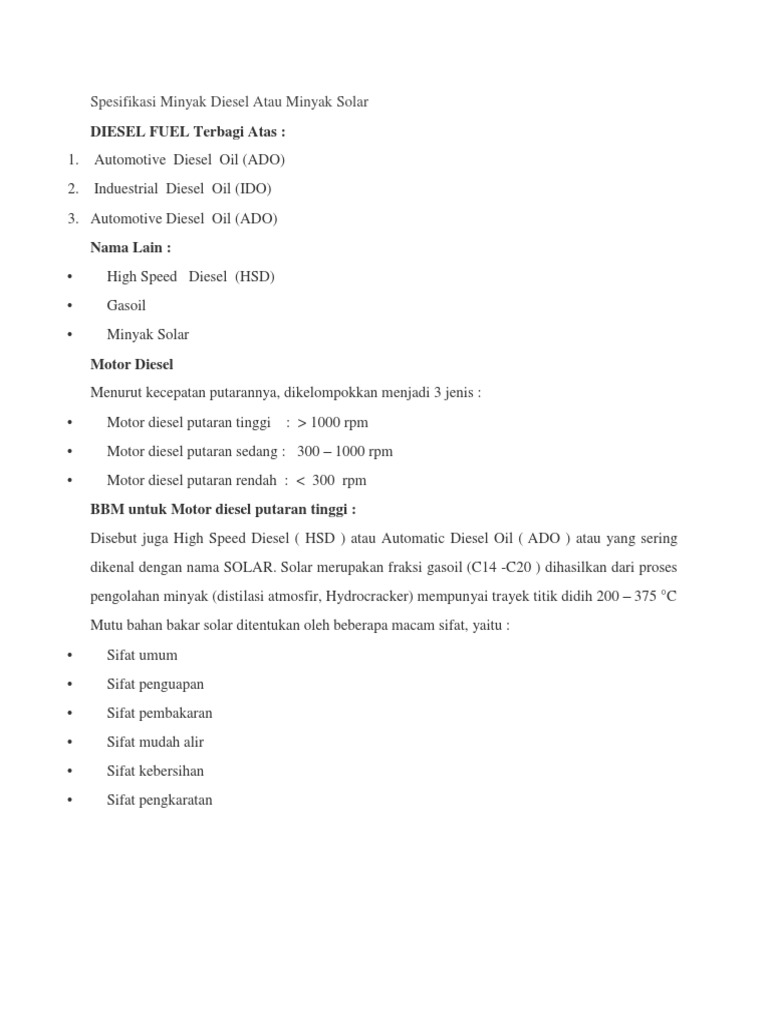 Spesifikasi Minyak Diesel Atau Minyak Solar | PDF