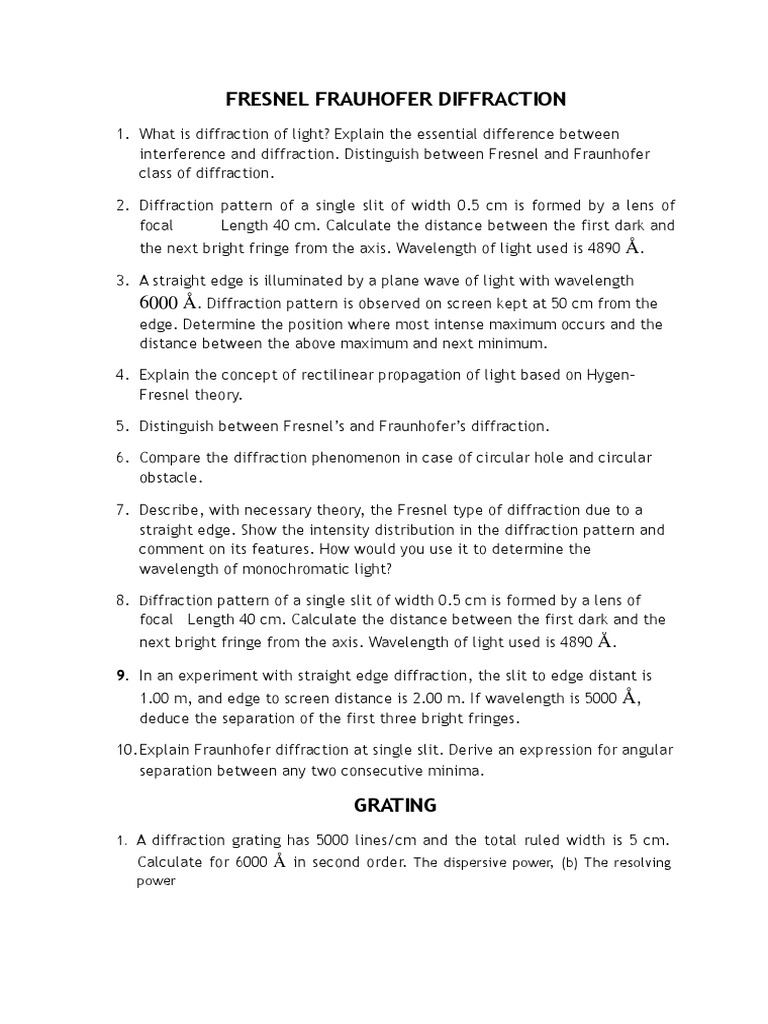 Fresnel and Fraunhofer Diffraction Analysis | PDF | Diffraction | Angular Resolution