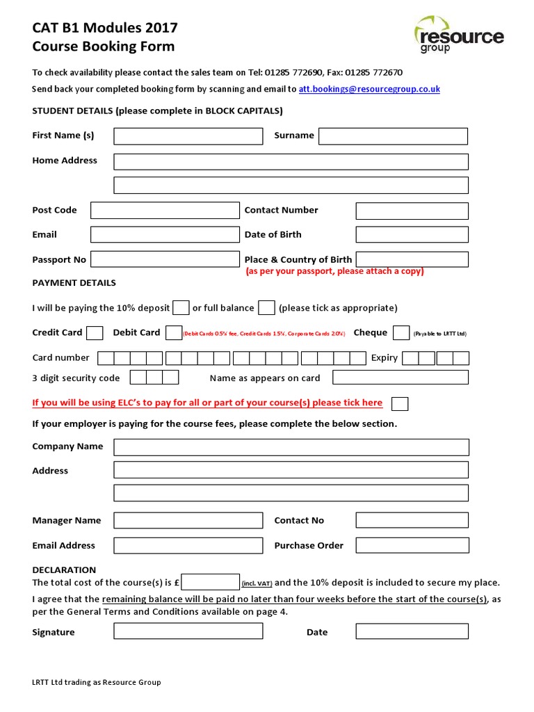 CAT B1 Modules 2017 Course Booking Form | PDF | Contractual Term ...